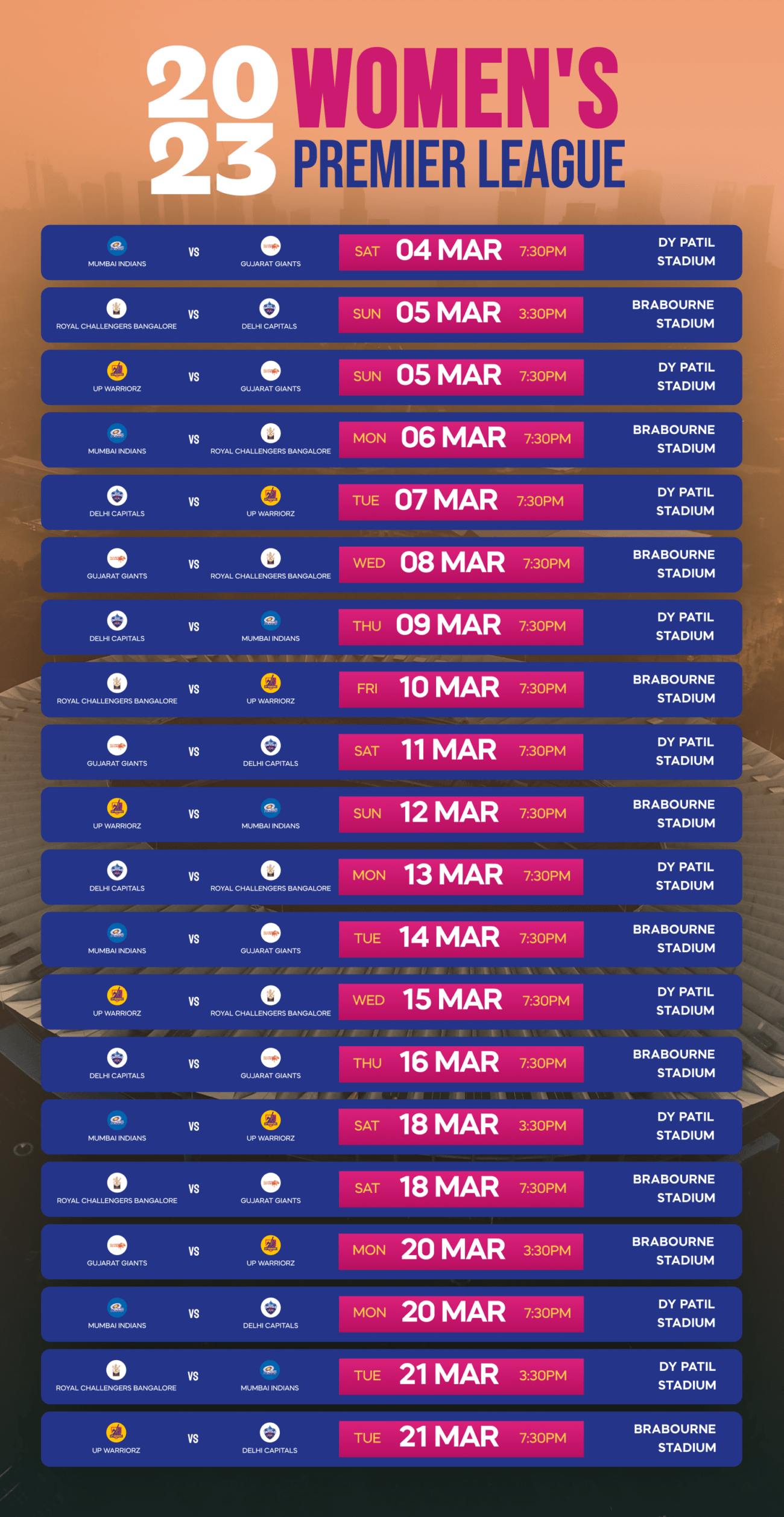Check out the schedule of Women's Premier League
